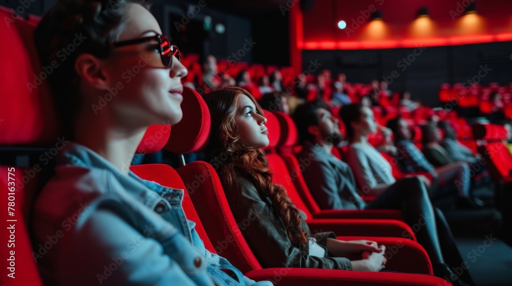 A group of people sitting in red chairs in a cinema hall. They are all ...