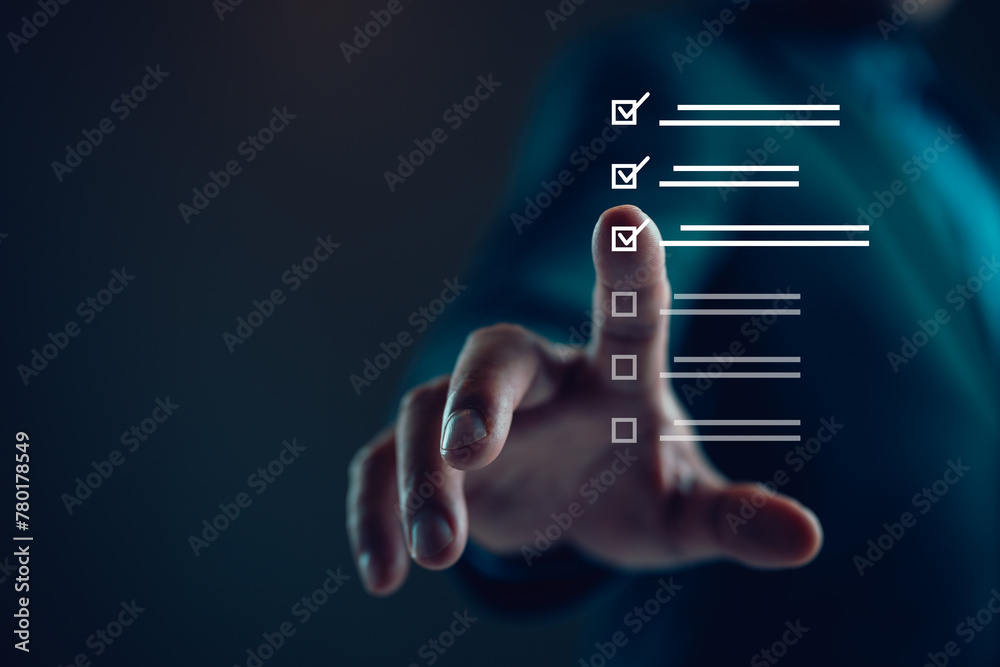 Business performance checklist, businessman doing online checklist ...