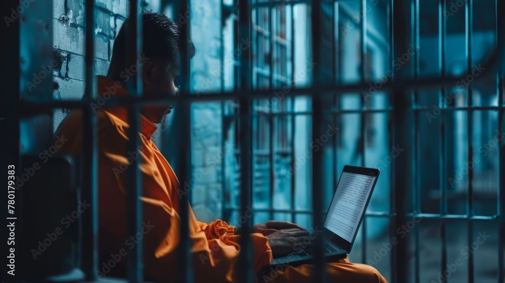 Prisoner using laptop in jail cell - A focused prisoner in an orange ...
