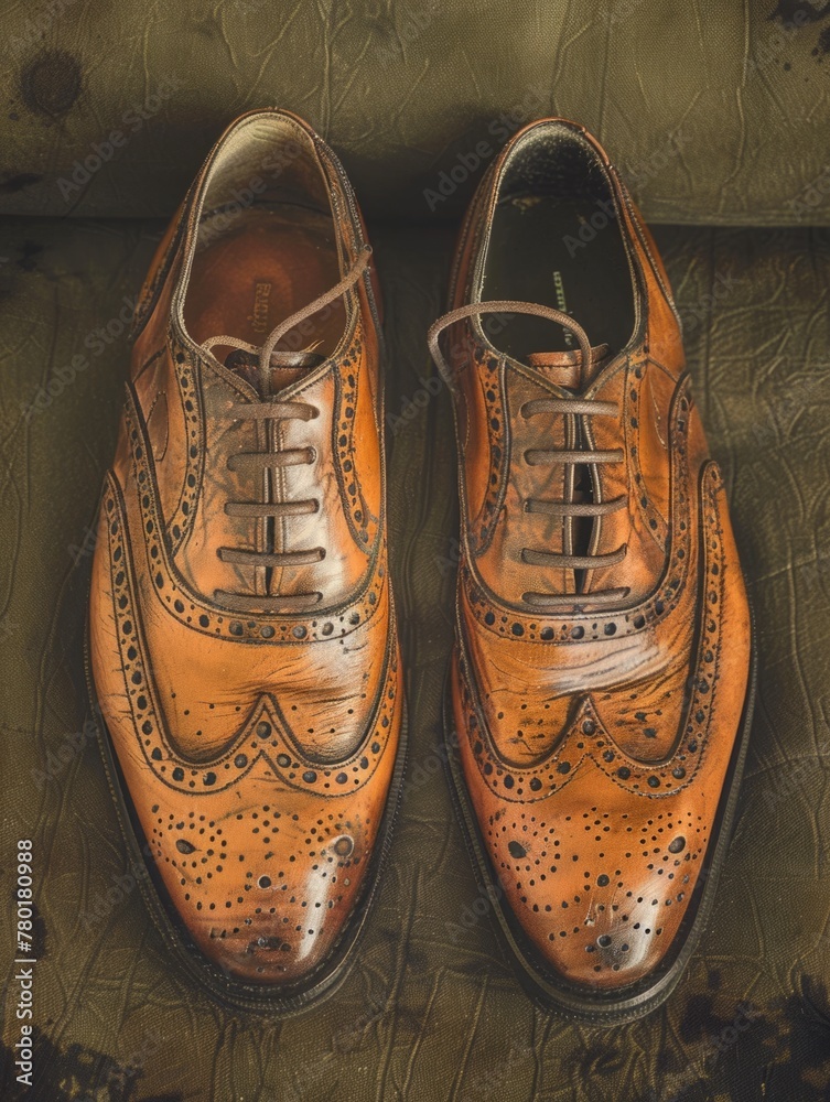 Vintage brown brogue shoes on fabric - Classic, well-worn brown brogues ...