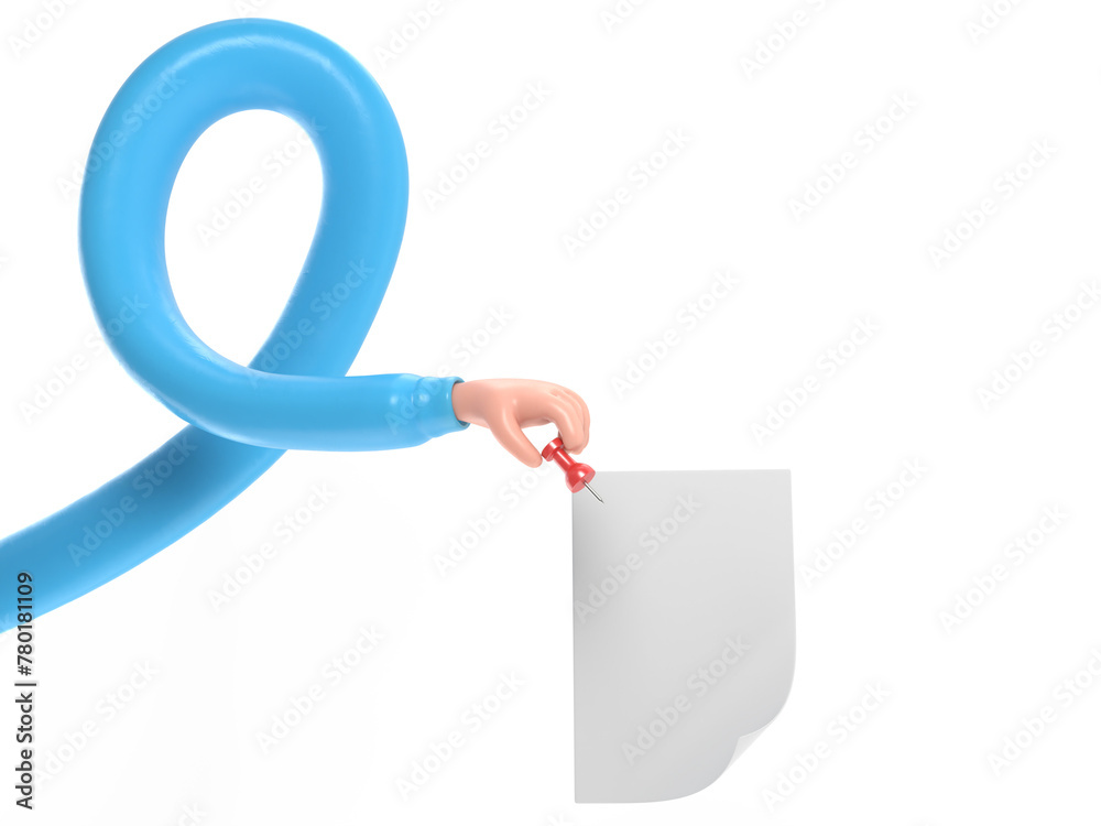 Paper push pins. Thumbtack in hand man. Empty white sheet. 3D ...