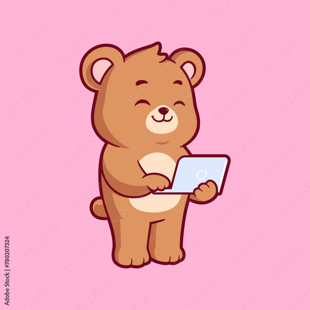 Cute bear working on laptop cartoon vector icon illustration. Flat ...