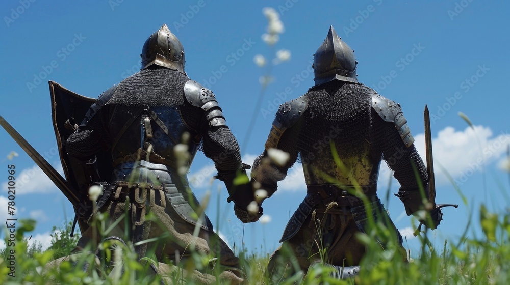 Two knights kneel side by side backs to the camera as they prepare to ...