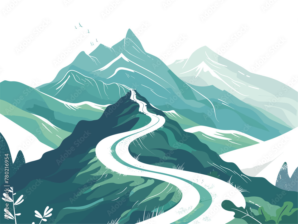white background, Ascending a series of switchbacks on a mountain trail ...