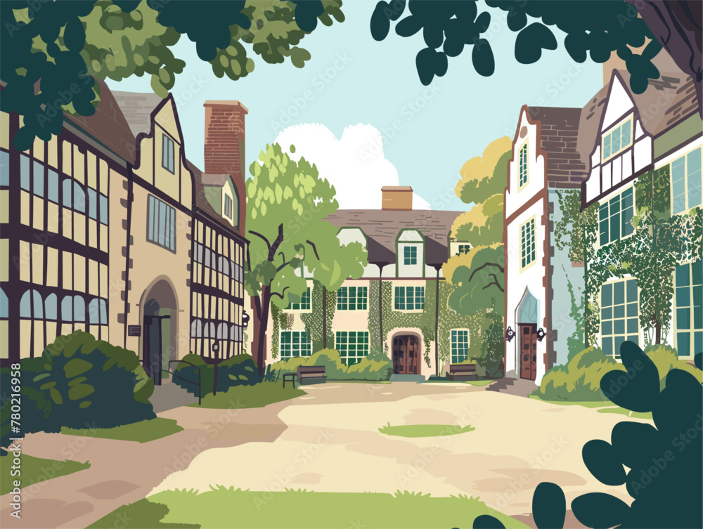 white background, A university campus with ivy-covered buildings, in ...