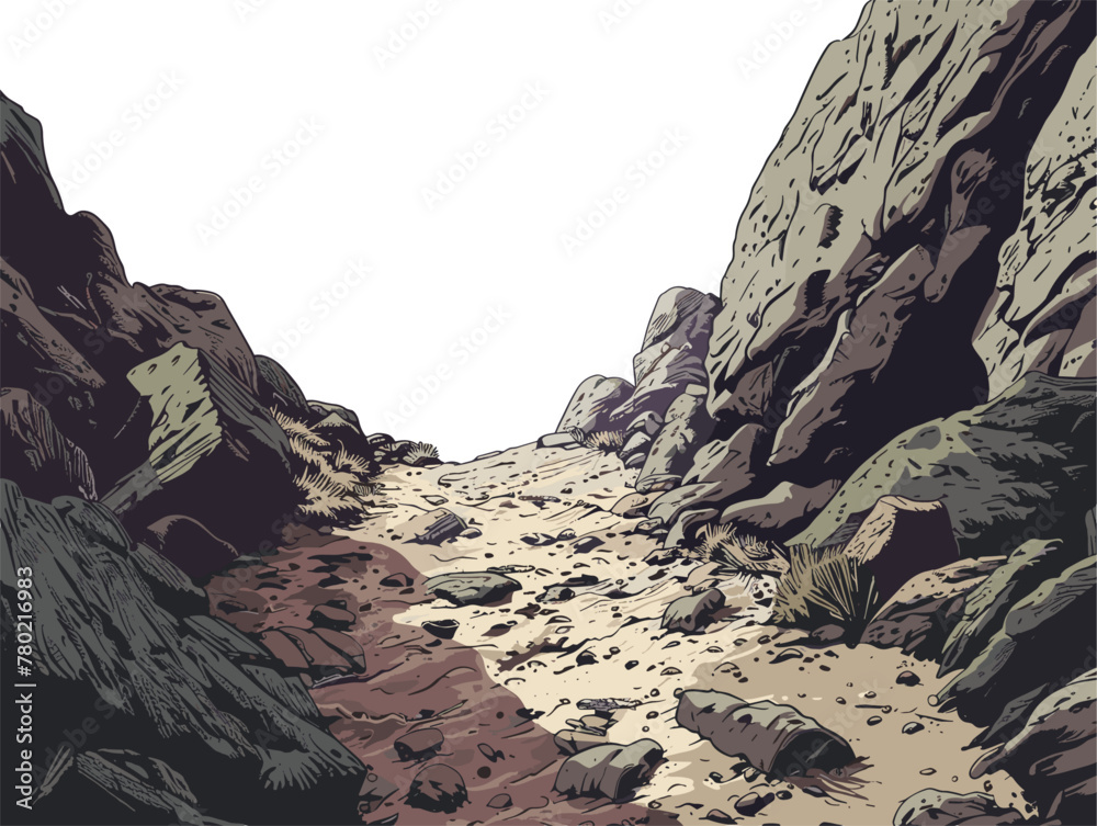 white background, Climbing uphill on a rocky mountain path, in the ...