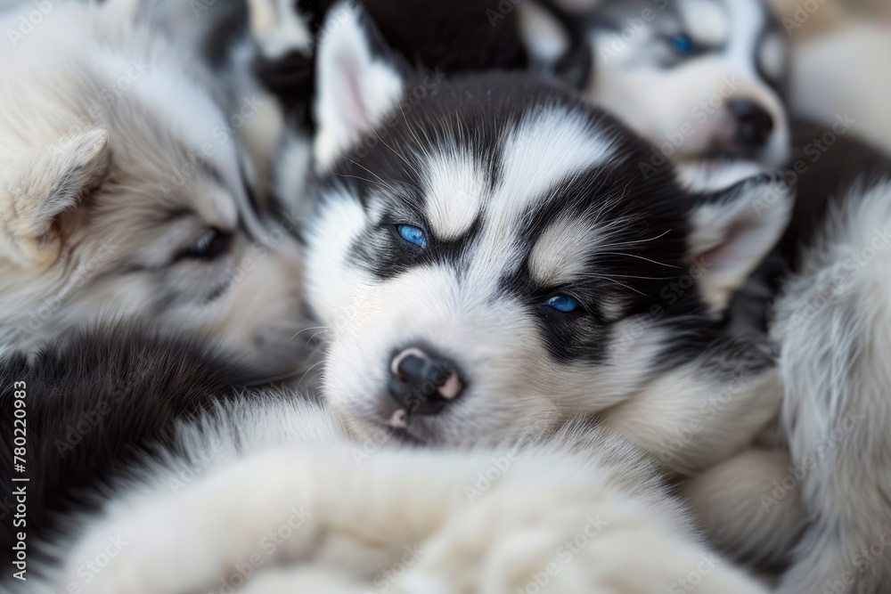 Litter of Siberian husky puppies huddled together for a nap with their ...