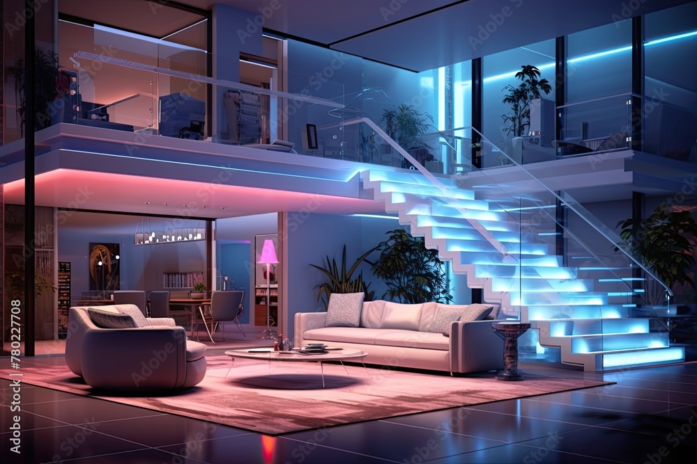3D house interior design digital hologram effect, with virtual elements ...
