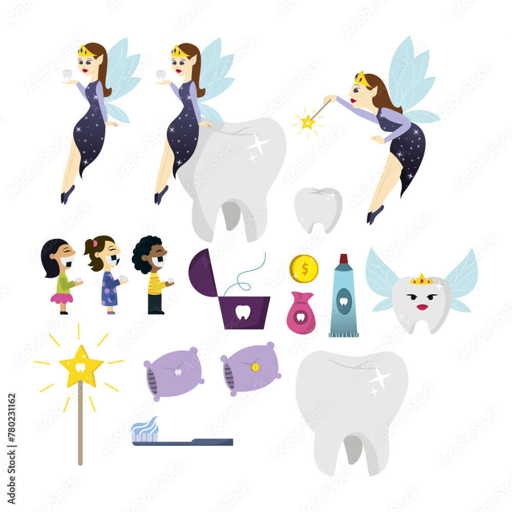 Tooth fairy character set. Tooth fairy in different poses. teeth under ...