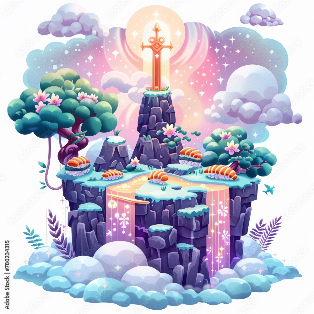 Sushi islands under auroras, chibi Excalibur as a beacon, surrounded by ...