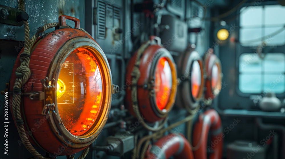 Vintage submarine with red round orange light frames on the wall of the ...