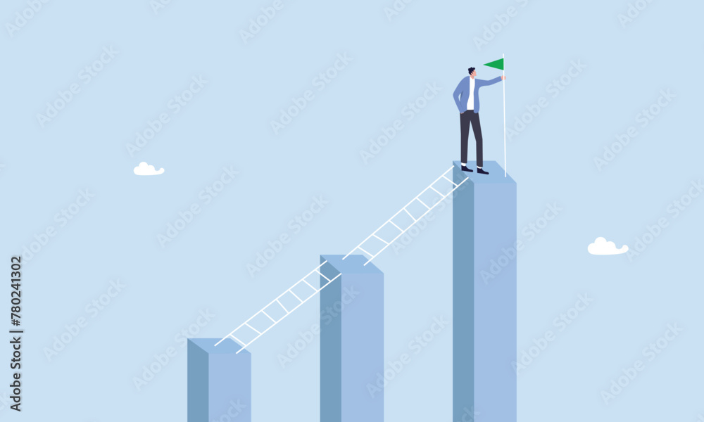 Businessman climb up ladder step by step on graph to achieve goal, step ...