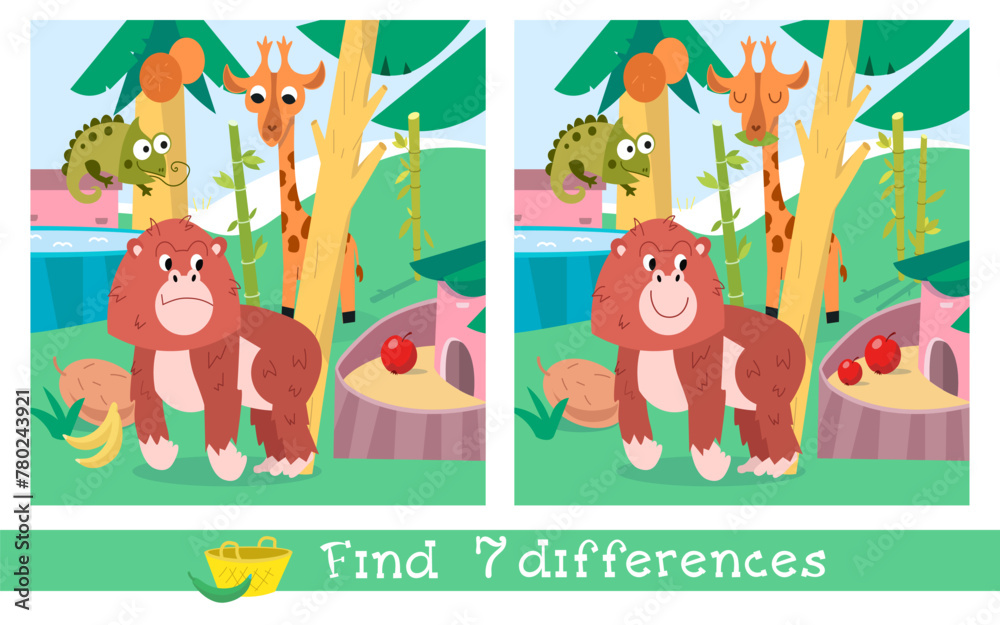 Find 7 differences. Puzzle game for children. Cute animals at zoo ...