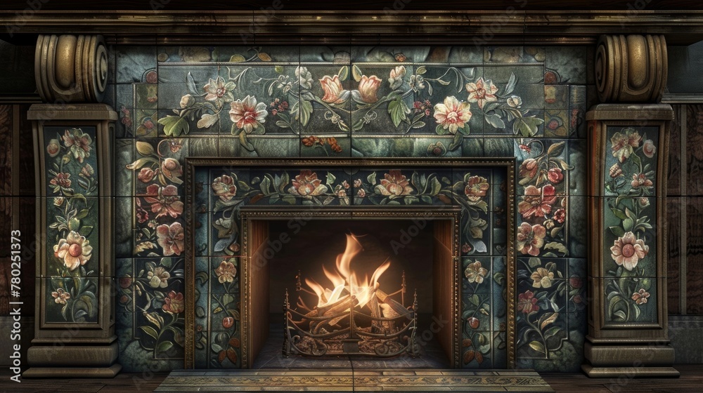 The ornate fireplace is surrounded by a mosaic of tiles each one ...