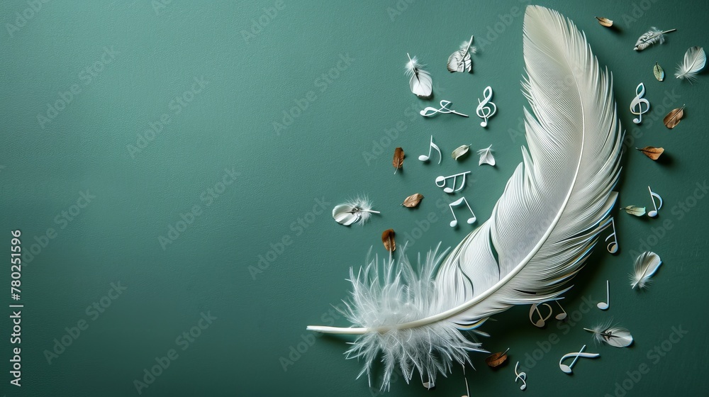The delicate feathers match the musical notes on the green background ...