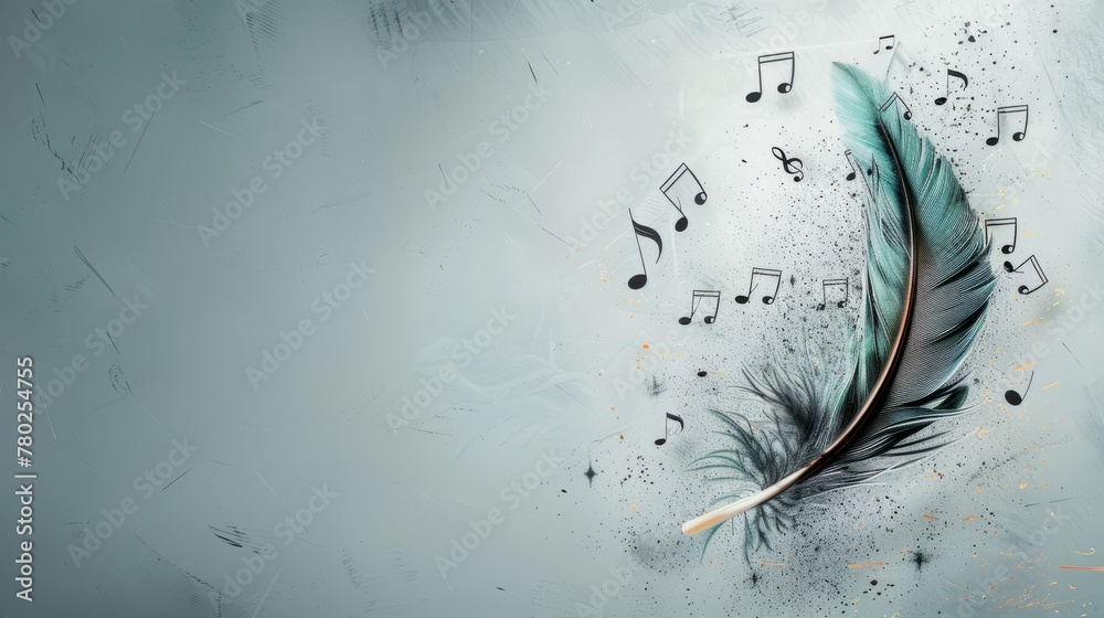 Delicate white feathers match the musical notes on a beautiful gray ...