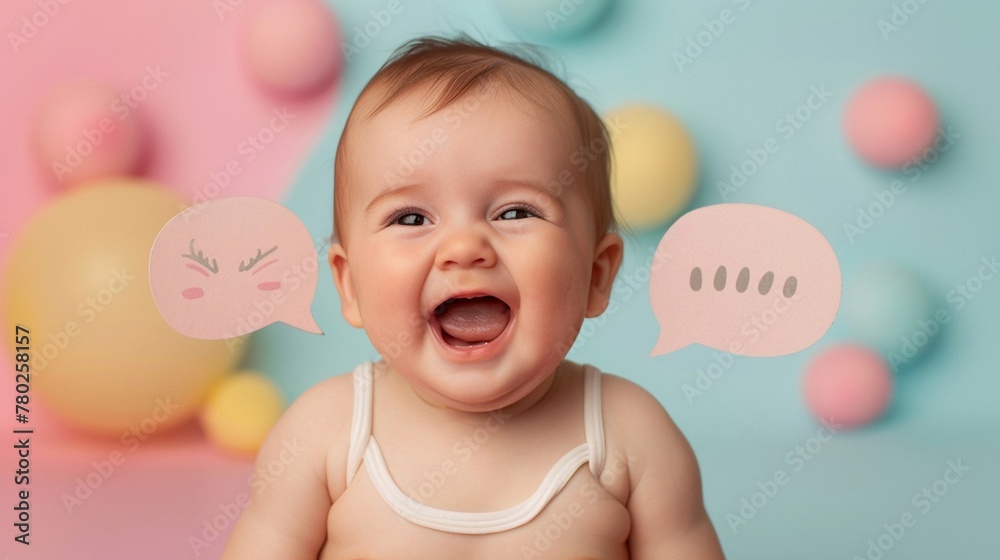 Baby with speech bubbles translating cries into sentences isolate on ...