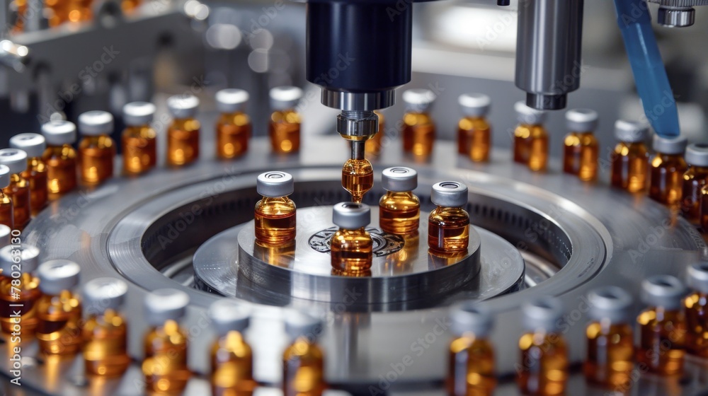 Precision machine fills vials with substance, illustrating the ...