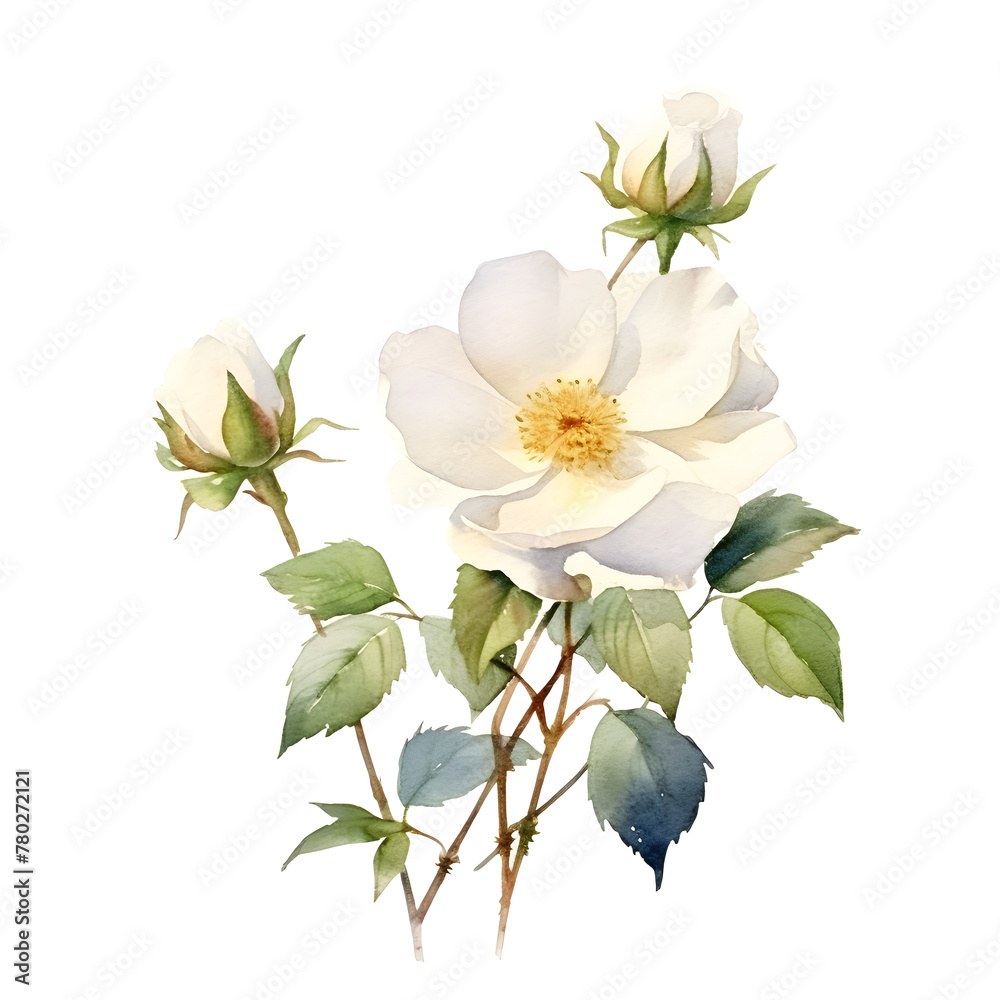 Beautiful realistic watercolor white rose hip flower plant isolated on ...