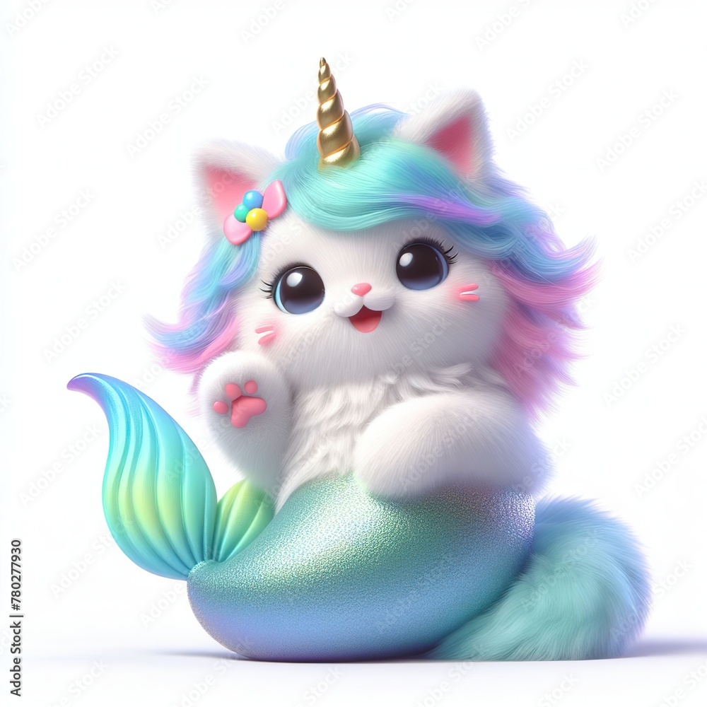 Fluffy 3D image of mermaid caticorn, very cute, smiling and wawing her ...
