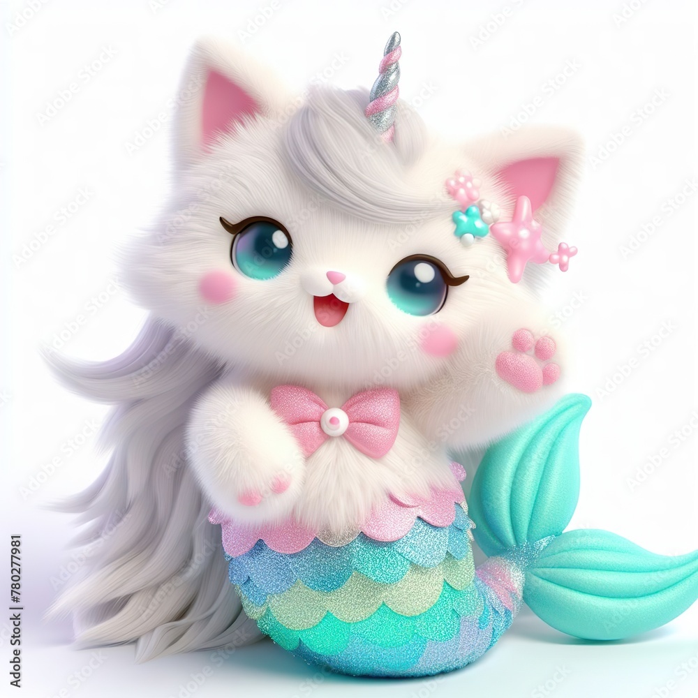 Fluffy 3D image of mermaid caticorn, very cute, smiling and wawing her ...