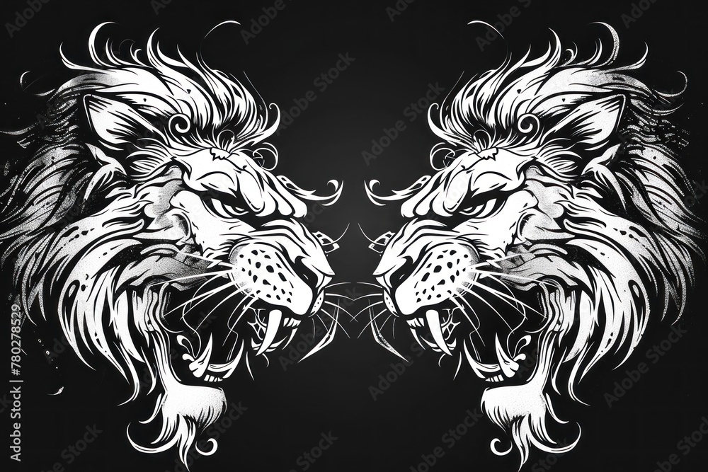 black and white image showing two lionheads Stock Illustration | Adobe ...
