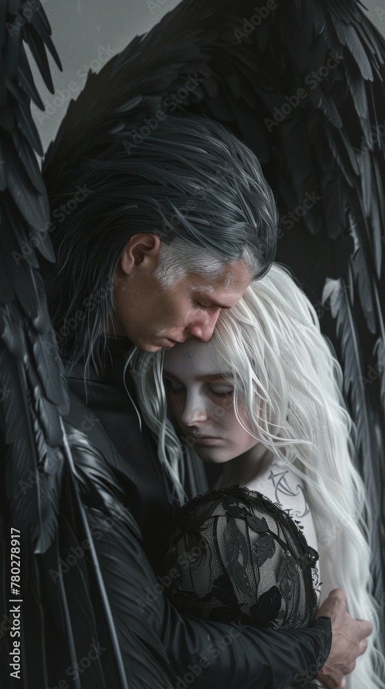 Fantasy couple with angel wings embracing. A fantasy themed image of a ...