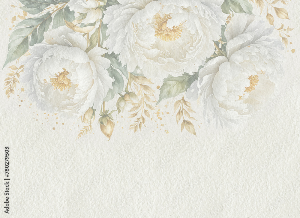 watercolor white peonies with golden elements on watercolor paper ...