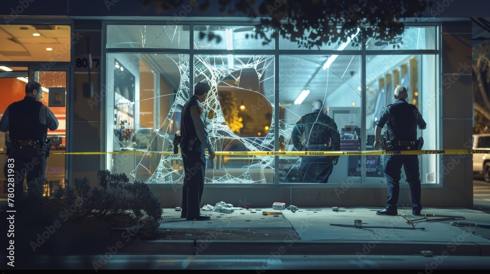 A group of police officers stand outside a store with a broken window ...