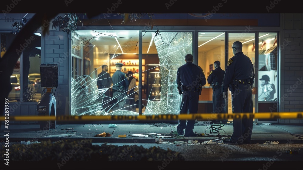 A group of police officers stand outside a store with a broken window ...