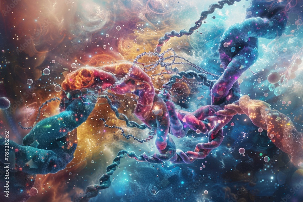 Cell division, with chromosomes breaking and DNA strands falling apart ...