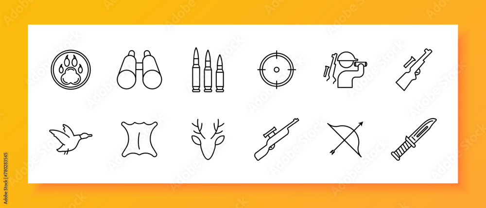 Chase set icon. Bear paw badge, rifle, bow, deer, skin, knife, bullet ...