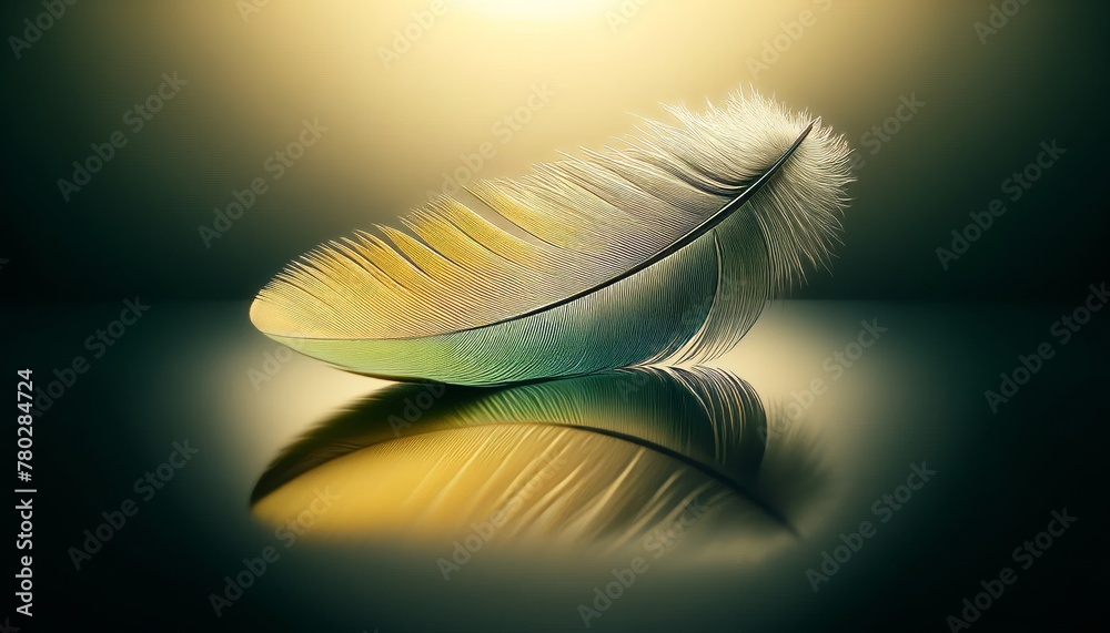 A high-resolution, detailed image of a feather lying on a reflective ...