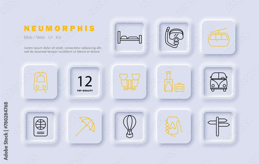 Travel set icon. Umbrella, navigation, maps, hot air balloon, train ...