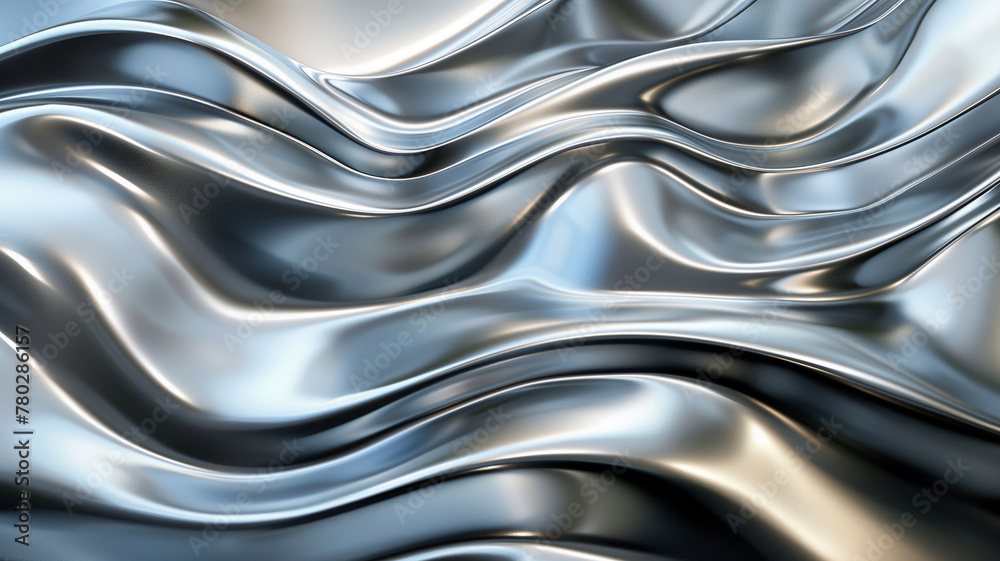 Shimmering wavy 3D metallic background, featuring a sleek silver ...