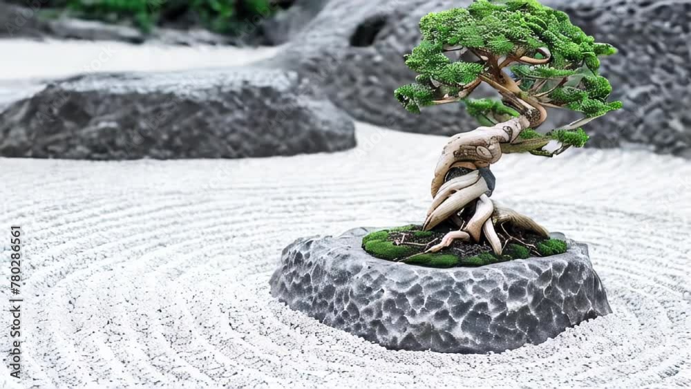 In the center of a Zen garden of rocks and sand, a small bonsai tree is ...
