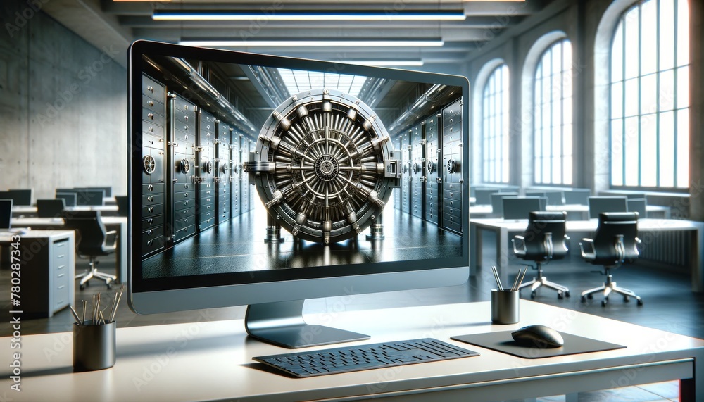 An office environment featuring a widescreen computer monitor ...