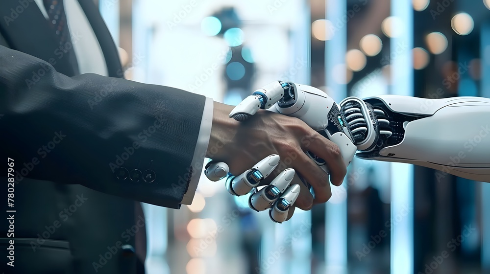 a human and robot handshake, working together for success, Concept ...