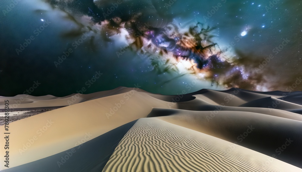 Sand dunes under a night sky, with the galaxy's arm making a dramatic ...