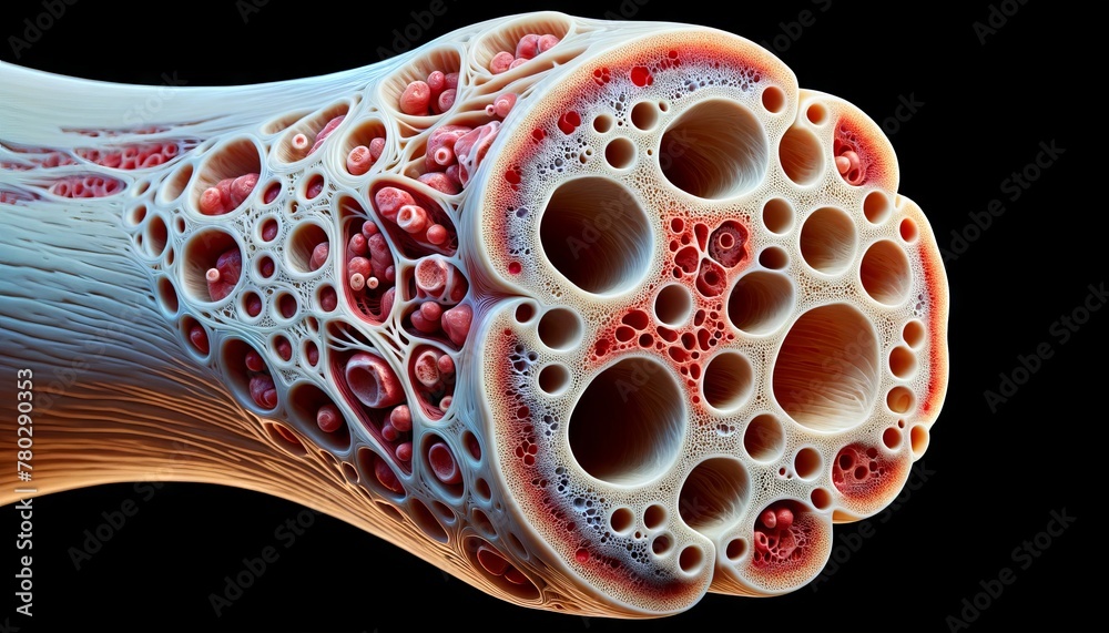 A close-up cross-section of a human bone, perhaps the femur, showing ...