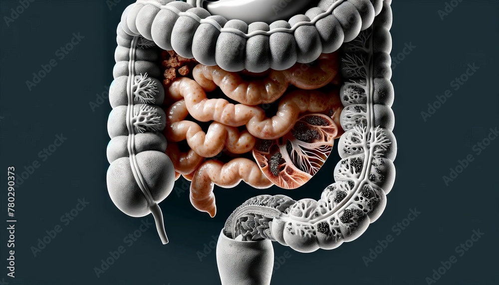 A detailed illustration of the human digestive system, highlighting the ...