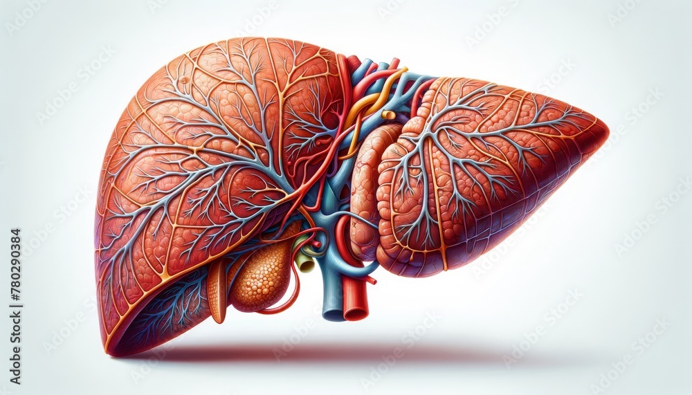 A close-up view of the human liver, with segments and vasculature ...
