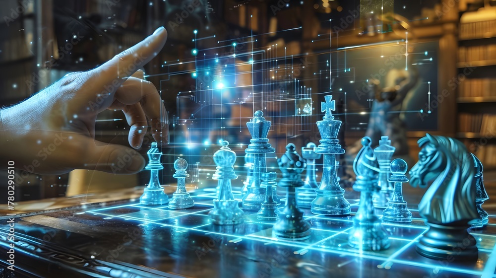 Holographic chessboard with strategic game in play, hand making a move ...