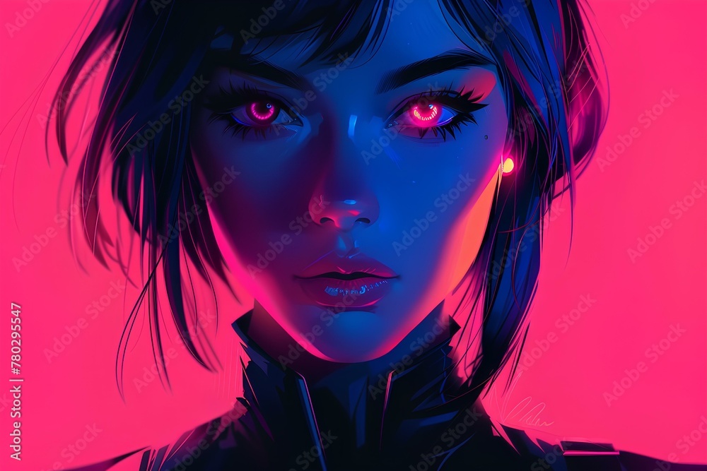 an anime-style illustration of character with neon blue and pink color ...