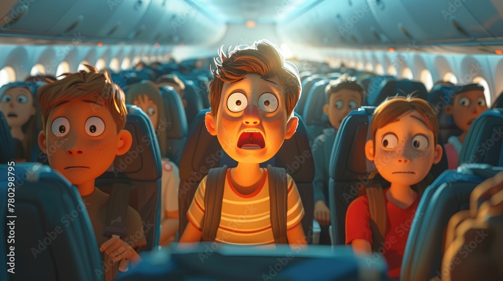 An animated image of startled children reacting to turbulence during an ...