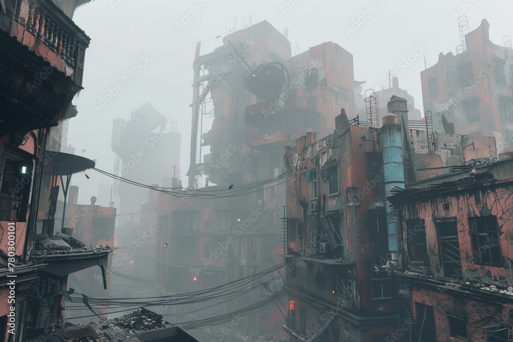 Dystopian city landscape Complete with crumbling buildings and polluted ...