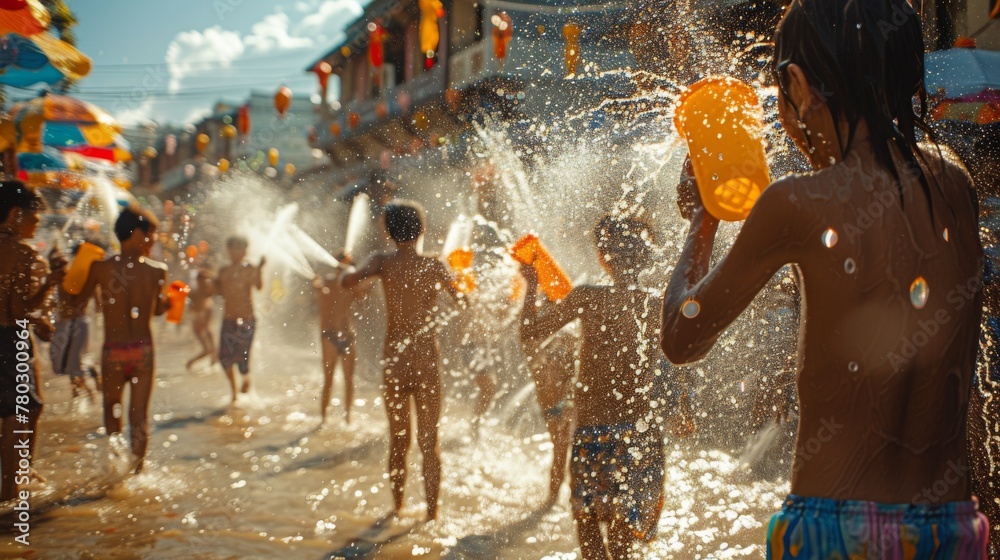 Songkran festivities with an epic water fight featuring crowds of ...
