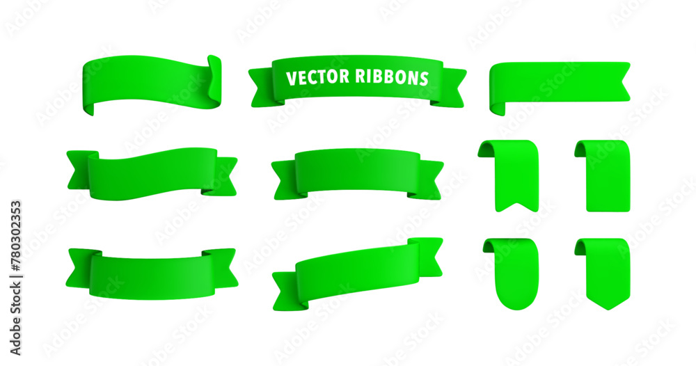 Vector Realistic 3d Ribbons and tags set. Cartoon 3d green ribbons ...