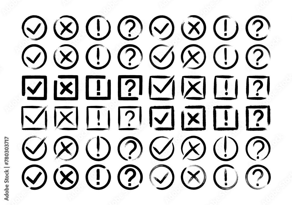 Vetor de Dirty grunge cross x, tick OK, exclamation and question check ...