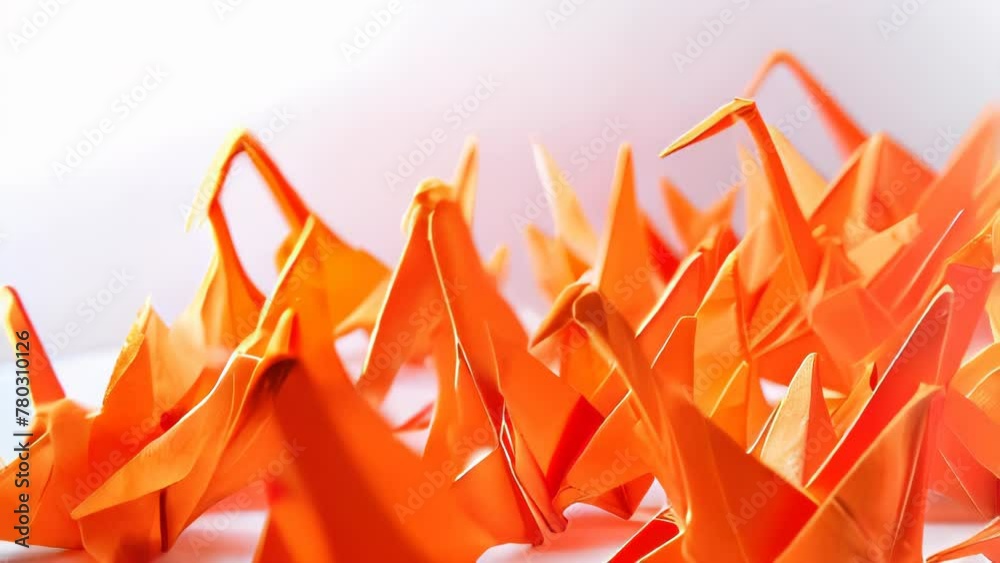 A flock of abstract origami birds in vibrant shades of orange and red ...